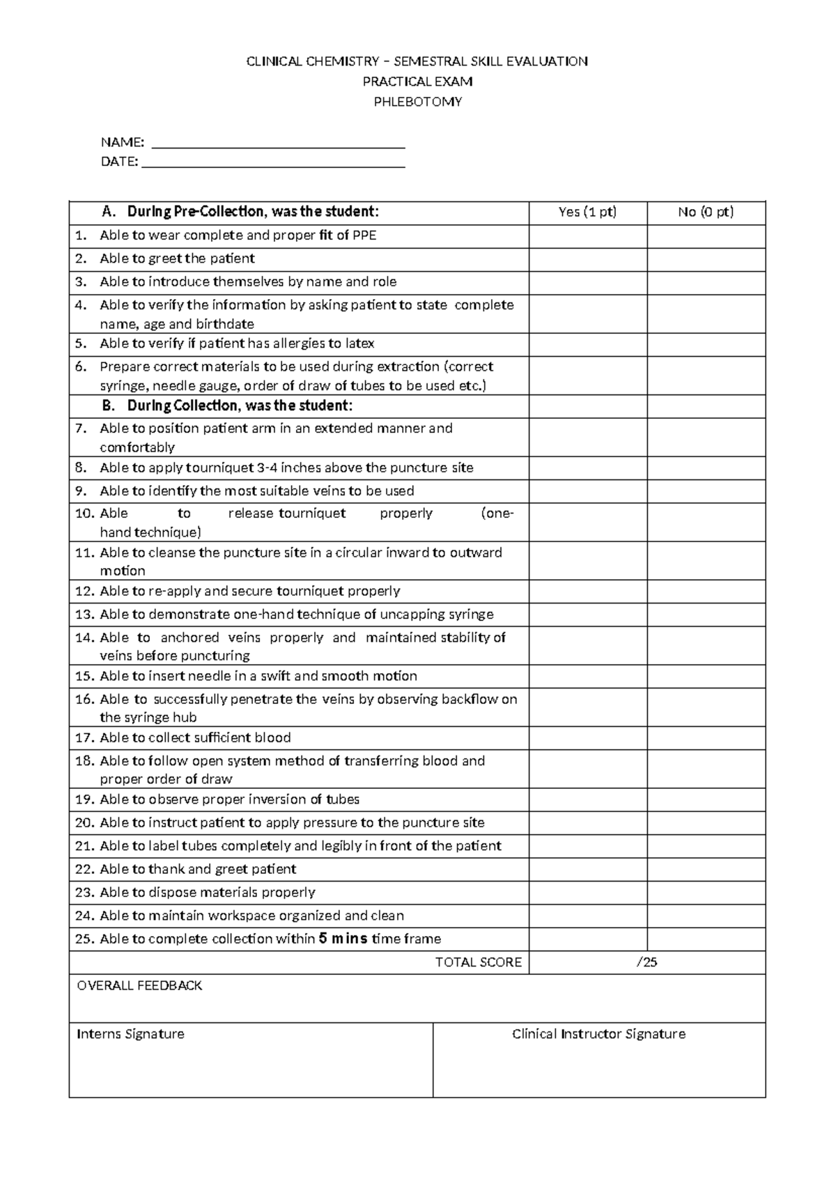 CC-Clinical Chemistry Practical Exam: Phlebotomy Skills Evaluation ...