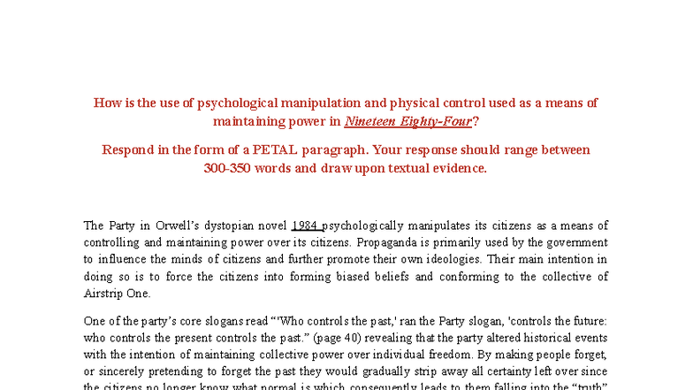 Psychological Manipulation and Control in 1984: A PETAL Analysis - Studocu
