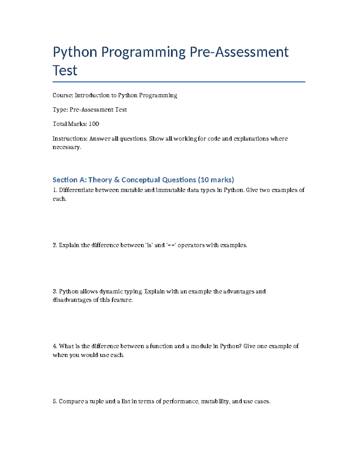 Python Pre Assessment Test: Intro to Python Programming - Studocu