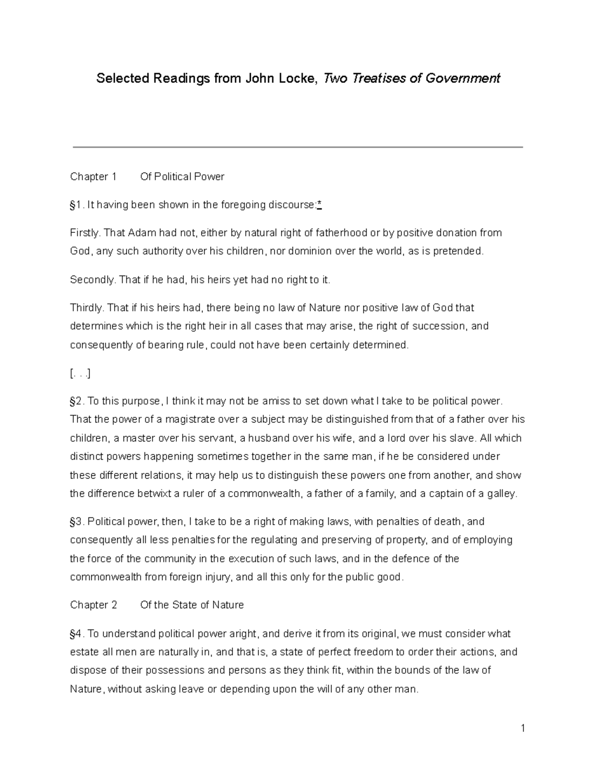 Selected Readings: John Locke's Two Treatises of Government (Chapters ...