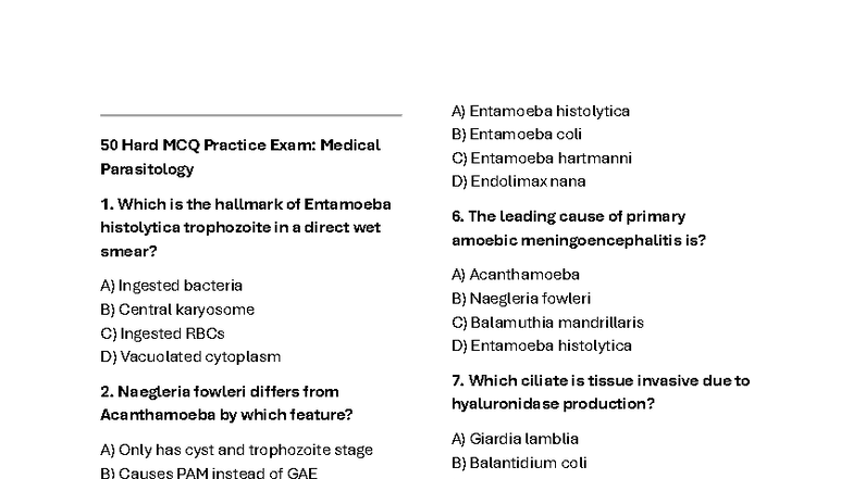 50 Hard MCQ Practice Exam: Medical Parasitology Review - Studocu