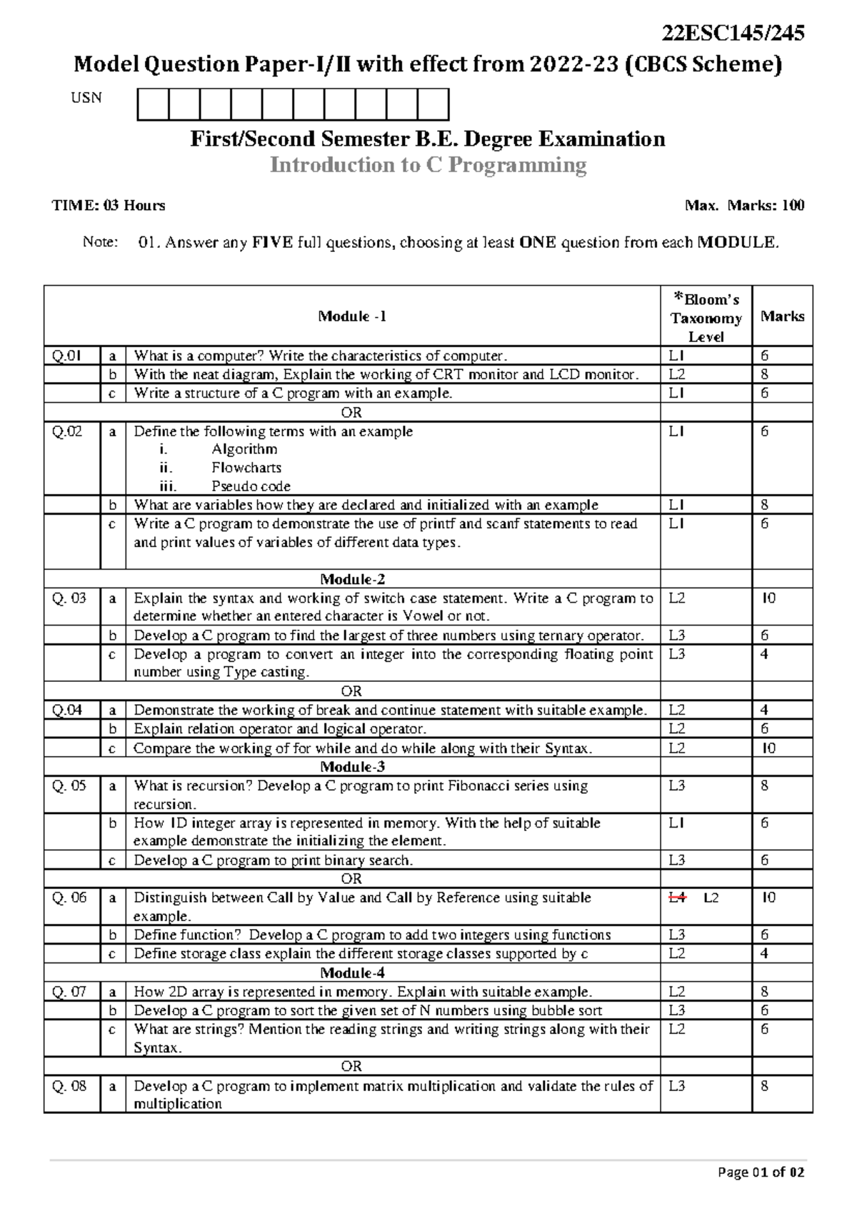 22ESC145 - Model Question Paper-I for C Programming Exam - Studocu