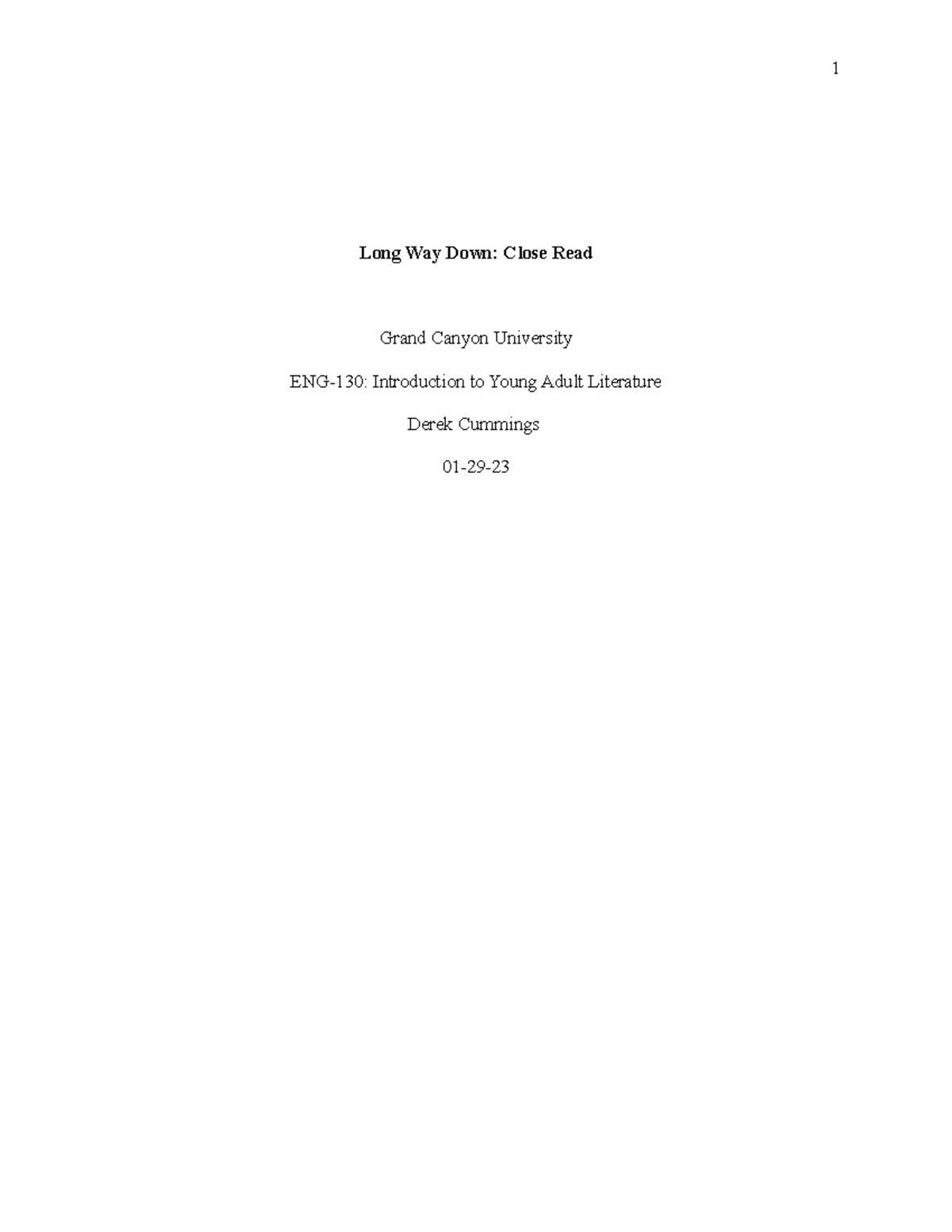 ENG-130: Close Reading of "Long Way Down" by Jason Reynolds - Studocu