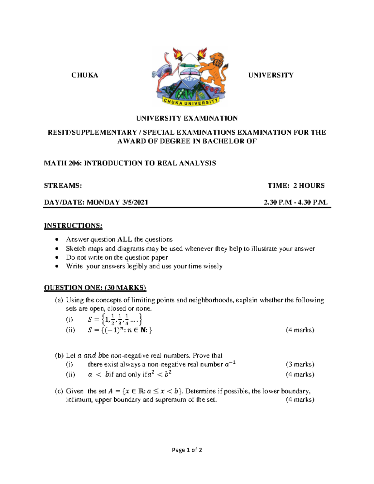 Math 206 Past Examination Practice Papers For Real Analysis Studocu