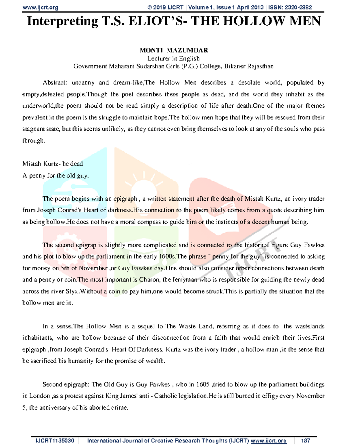 Ijcrt 1135030 - Just some analysis of the hollow men - Interpreting T ...