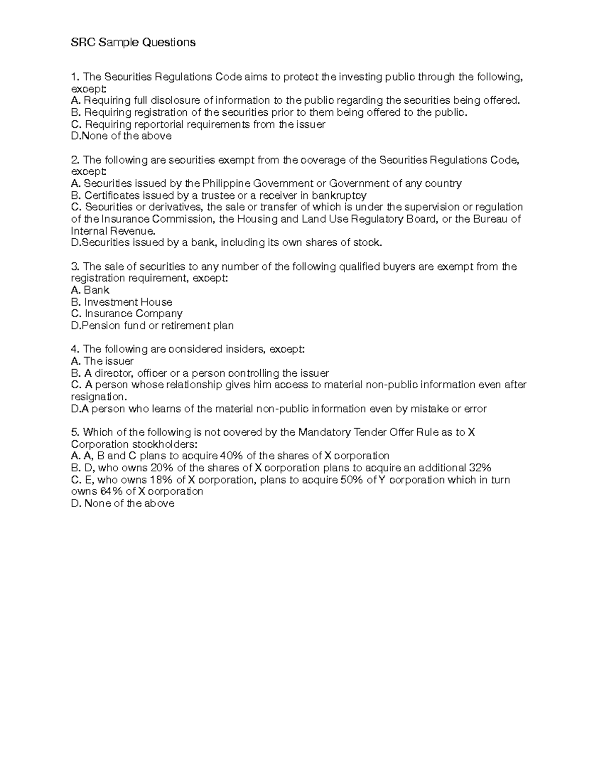SRC Sample Questions on Securities Regulations Code - Studocu