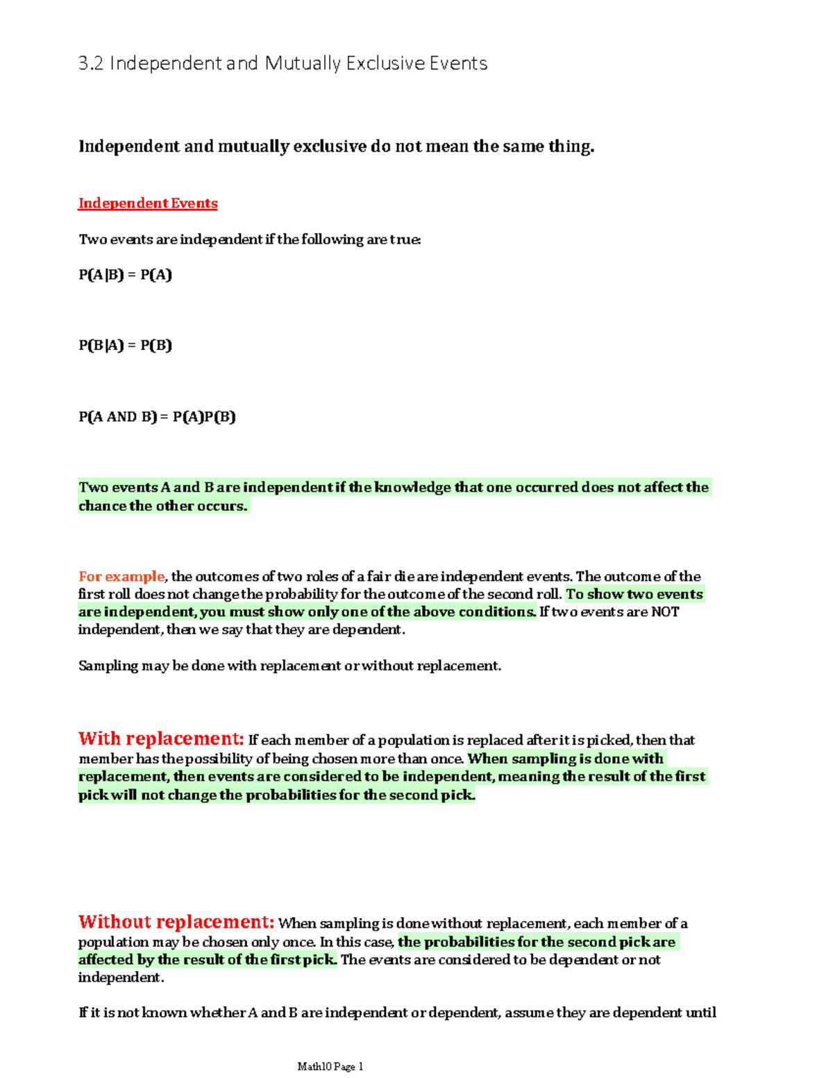 Math 10: Understanding Independent & Mutually Exclusive Events - Studocu