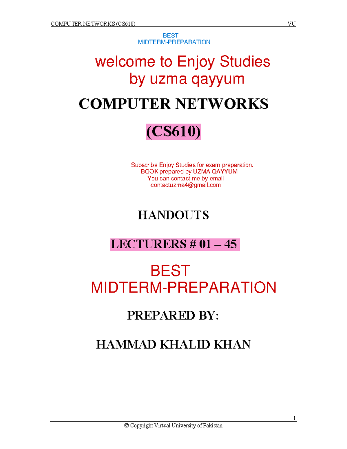 CS610 Lec 01-45 - lec notes - 1 COMPUTER NETWORKS (CS610) HANDOUTS ...