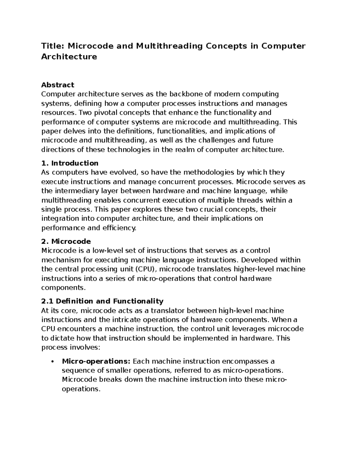 Microcode & Multithreading Concepts in Computer Architecture (CS101) - Studocu