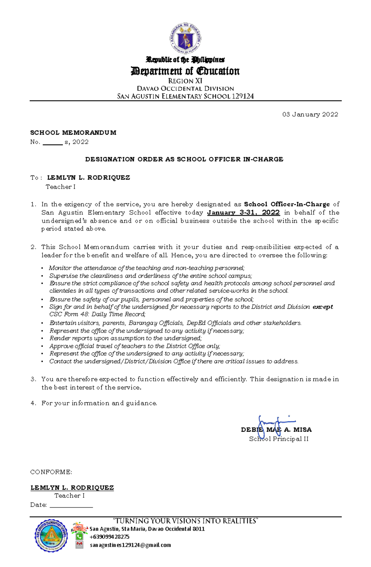 Designation Order as OIC (January 3-31, 2022) - Lemlyn L. Rodriquez ...