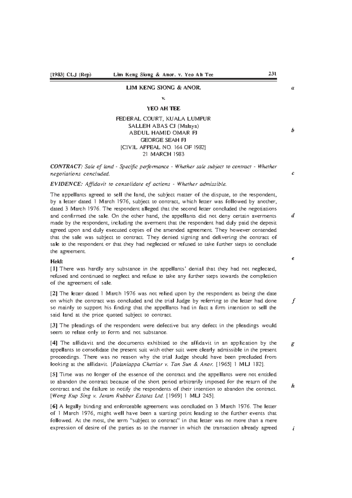 FC - Lim Keng Siong Anor. v. Yeo Ah Tee: CLJ Reprint 1983 Case Analysis ...