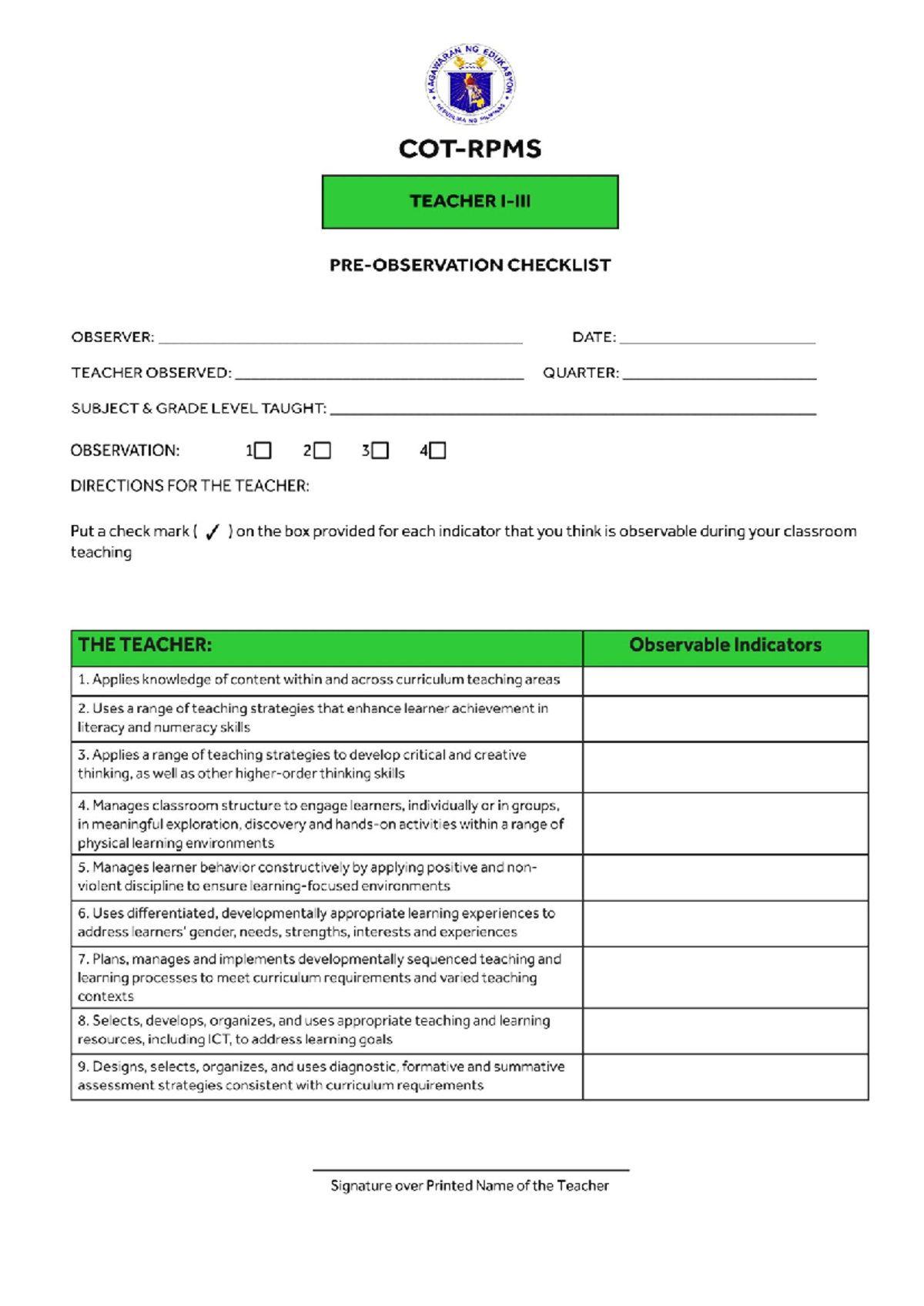 Observation Checklist for Cot Forms - TD 205 - Pre-Observation Guide ...