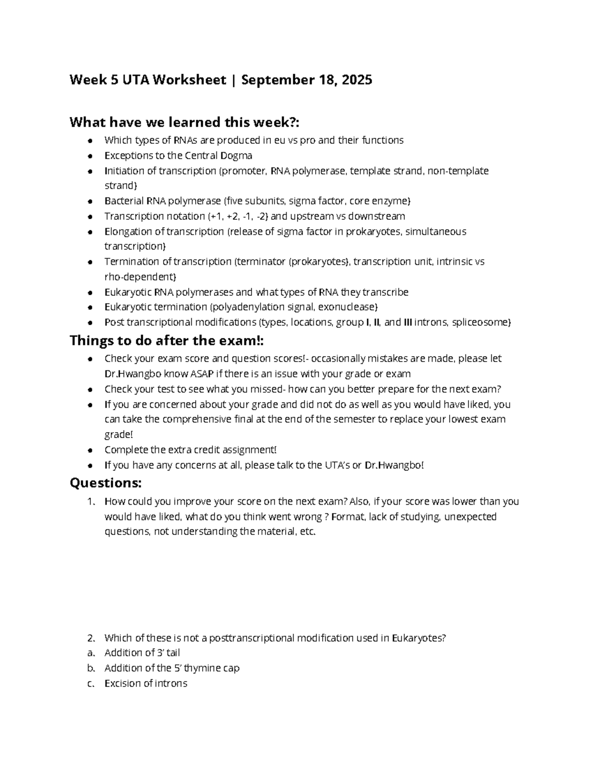 Week 5 Genetics Worksheet: RNA Types, Transcription, and Modifications ...