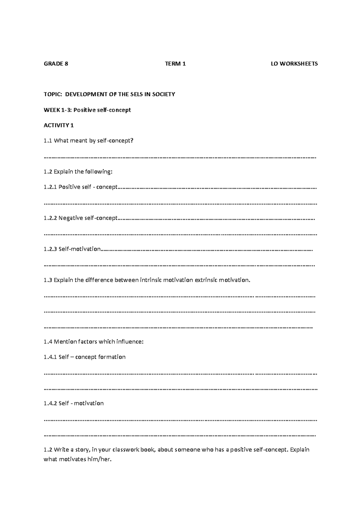 Grade 8 Term 1-4 LO Worksheets: Development of Self & Relationships ...