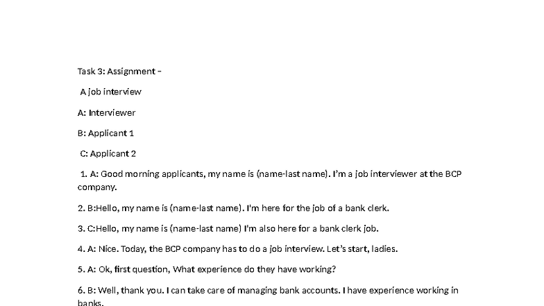 Task 3: Job Interview Role Play for BCP Bank Clerk Position - Studocu