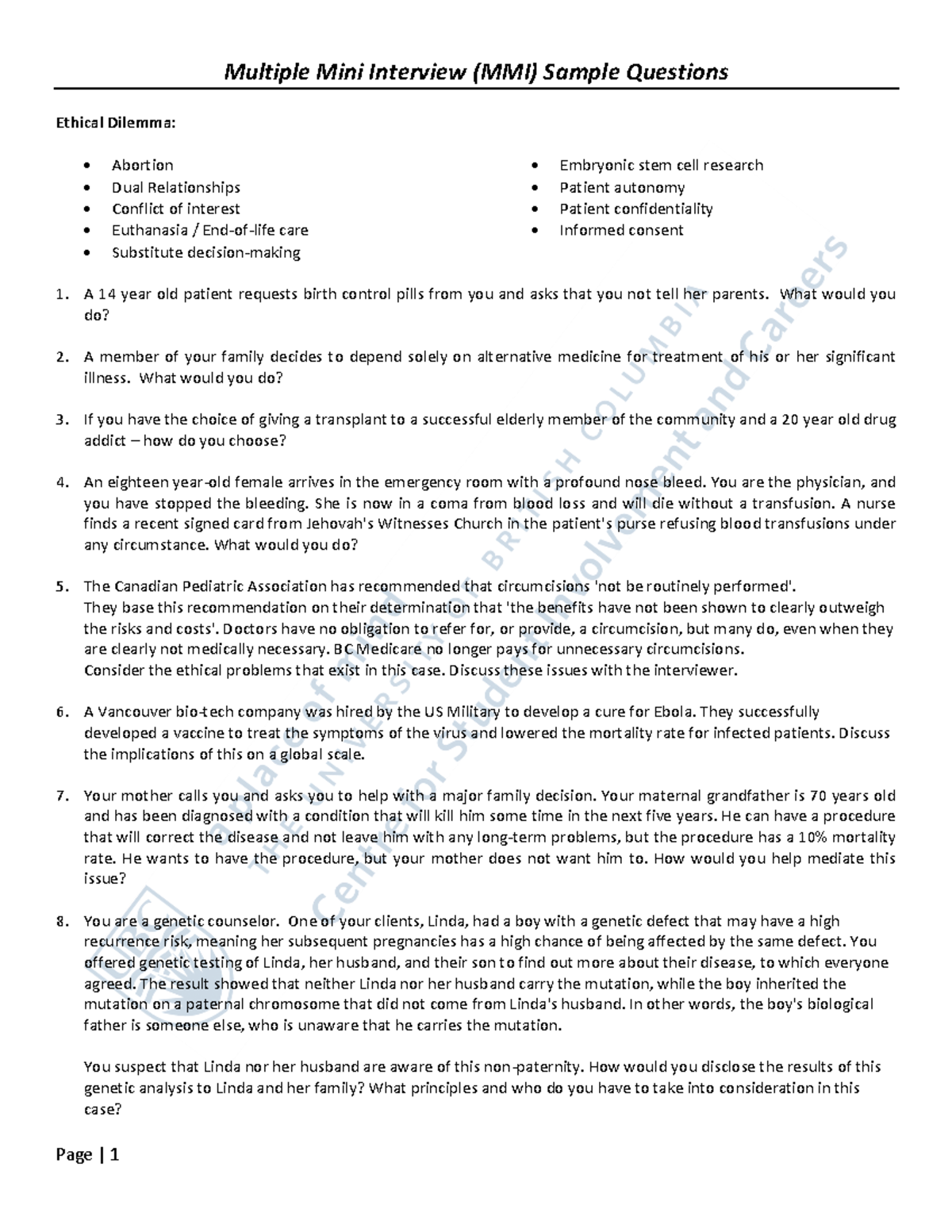MMI Sample Questions on Ethical Dilemmas in Healthcare (2013-2014 ...
