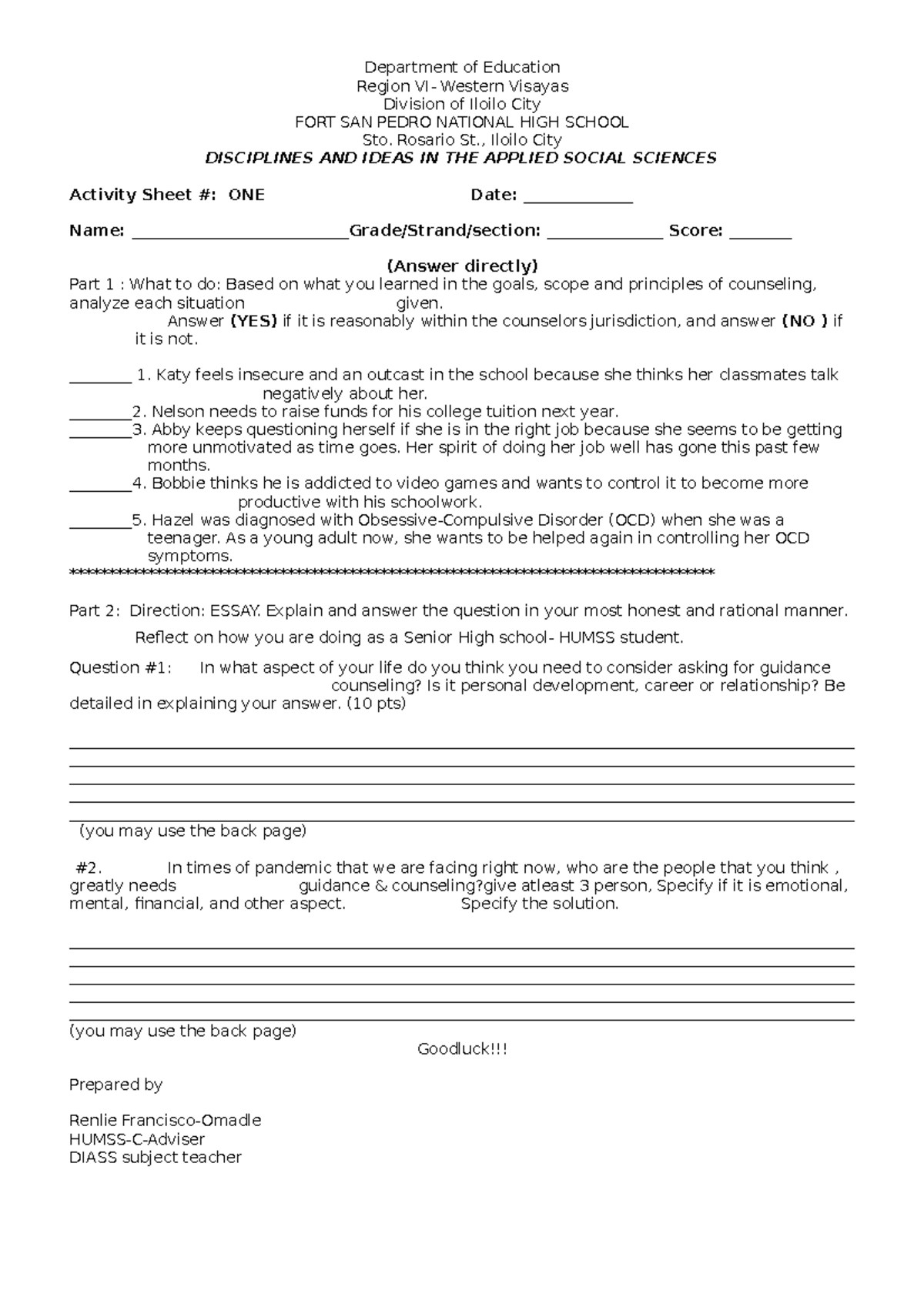 Diass Activity Sheet 1 Counseling Situations And Reflections Studocu