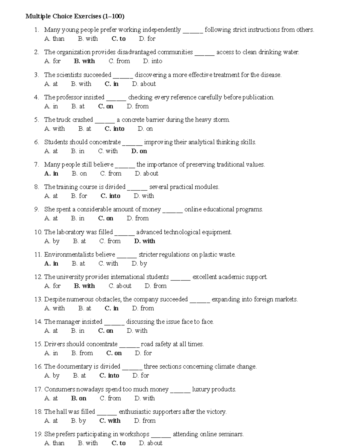 Bài Tập Giới Từ - Exercises for Prepositions (ENG 101) - Studocu