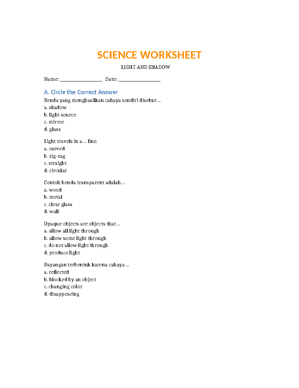 SCIENCE WORKSHEET: LIGHT AND SHADOW (Worksheet) - Studocu