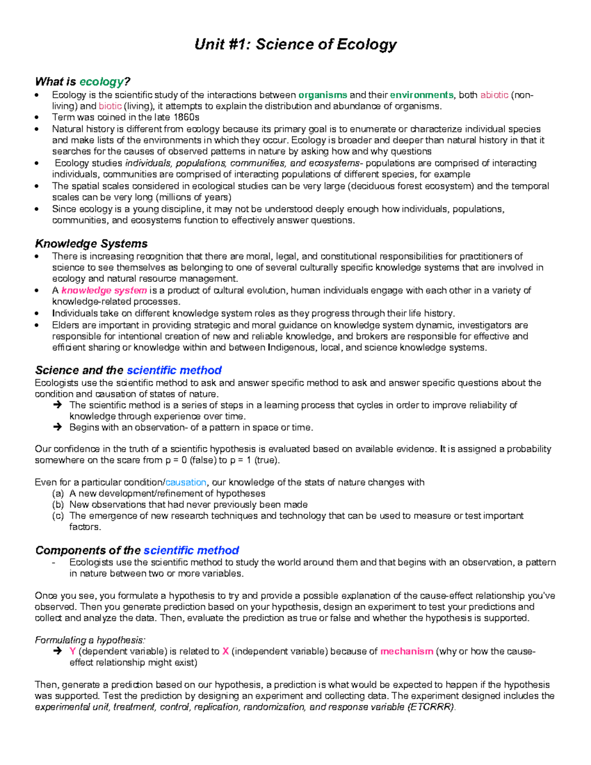 Ecology Unit #1 - Textbook notes. - Unit #1: Science of Ecology What is ...