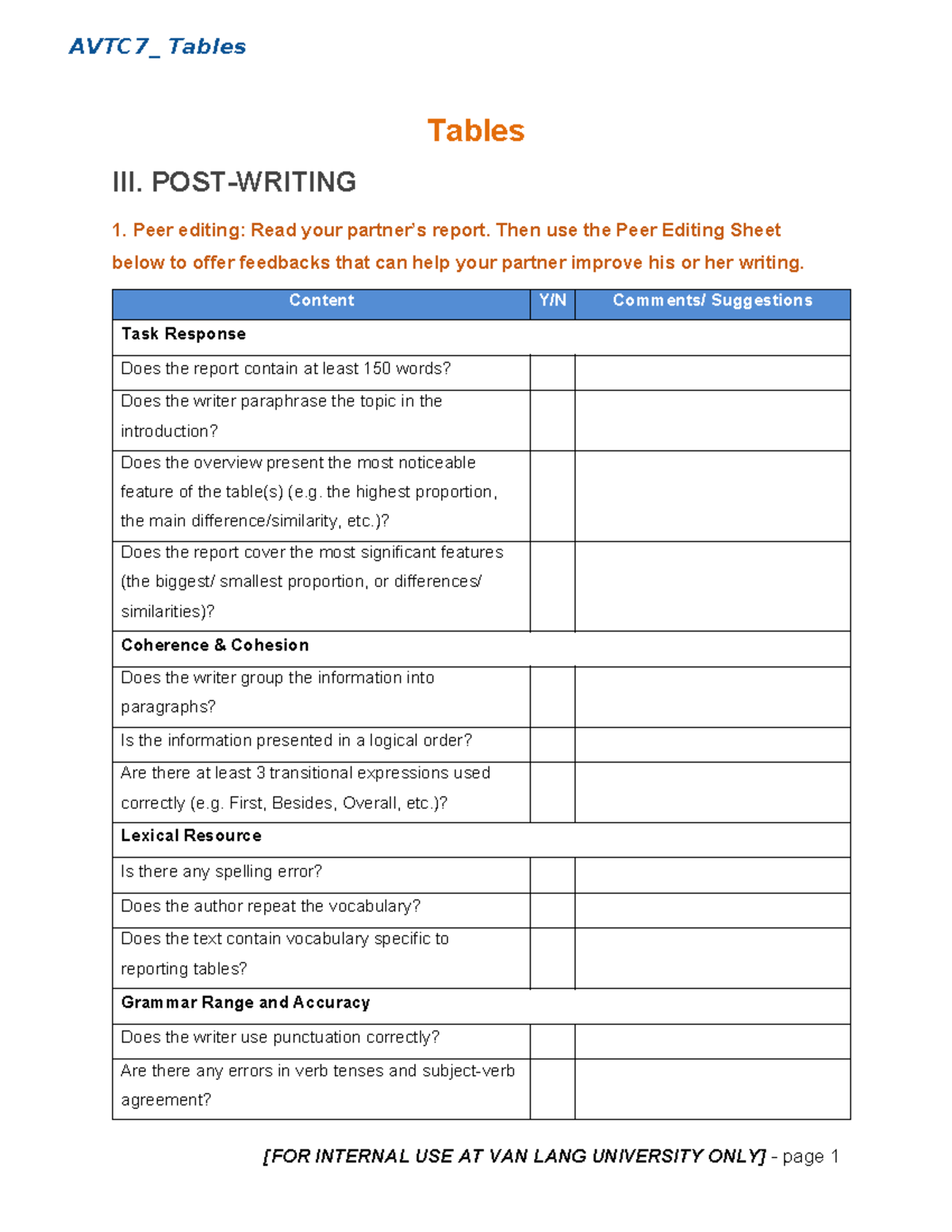 L11. Writing 4 - Task 1 - Peer Editing for Tables - Studocu