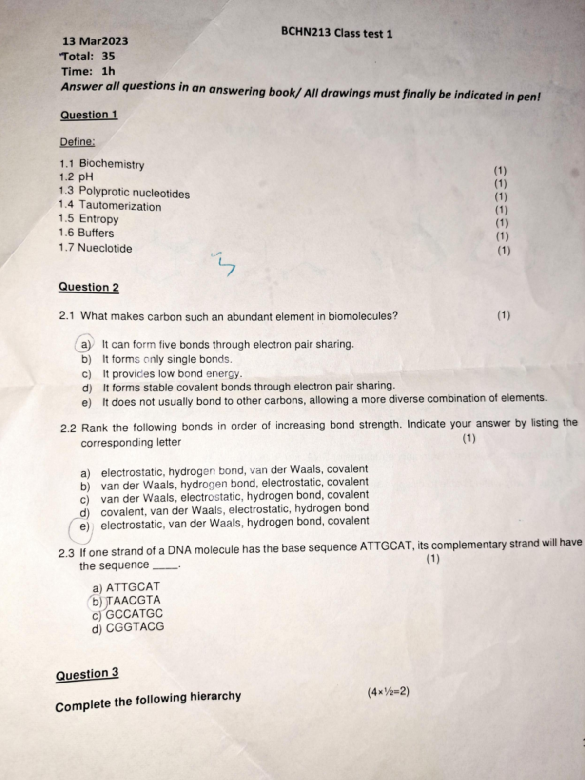 BCHN Test 1 Study Guide - Key Concepts and Practice Questions - Studocu