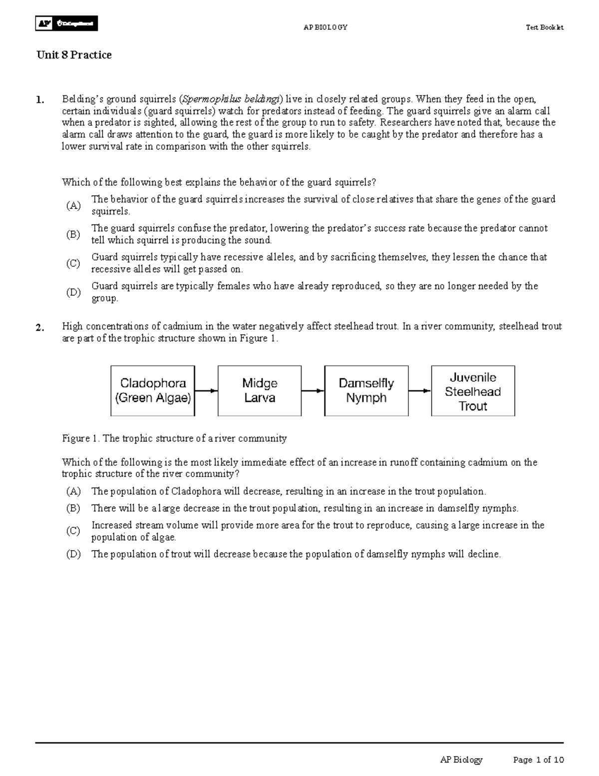 AP BIOLOGY Unit 8 Practice Test Booklet: Key Concepts and Questions ...