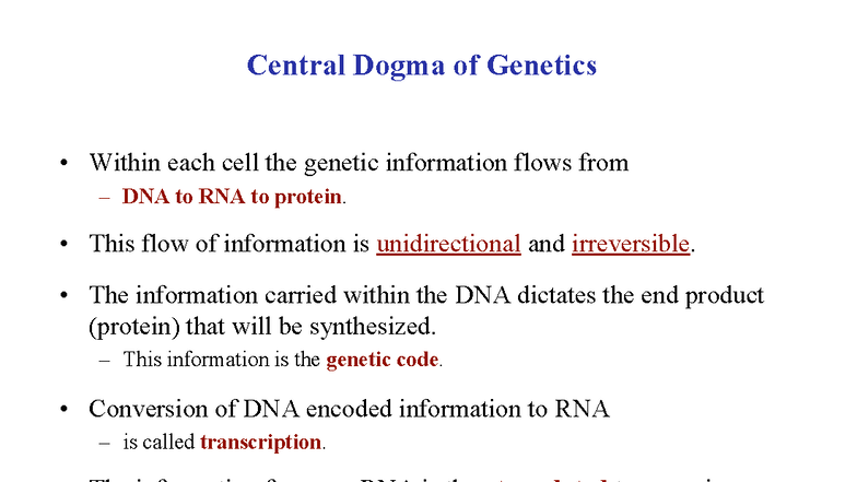 Central Dogma of Genetics: Transcription Process Overview - Studocu