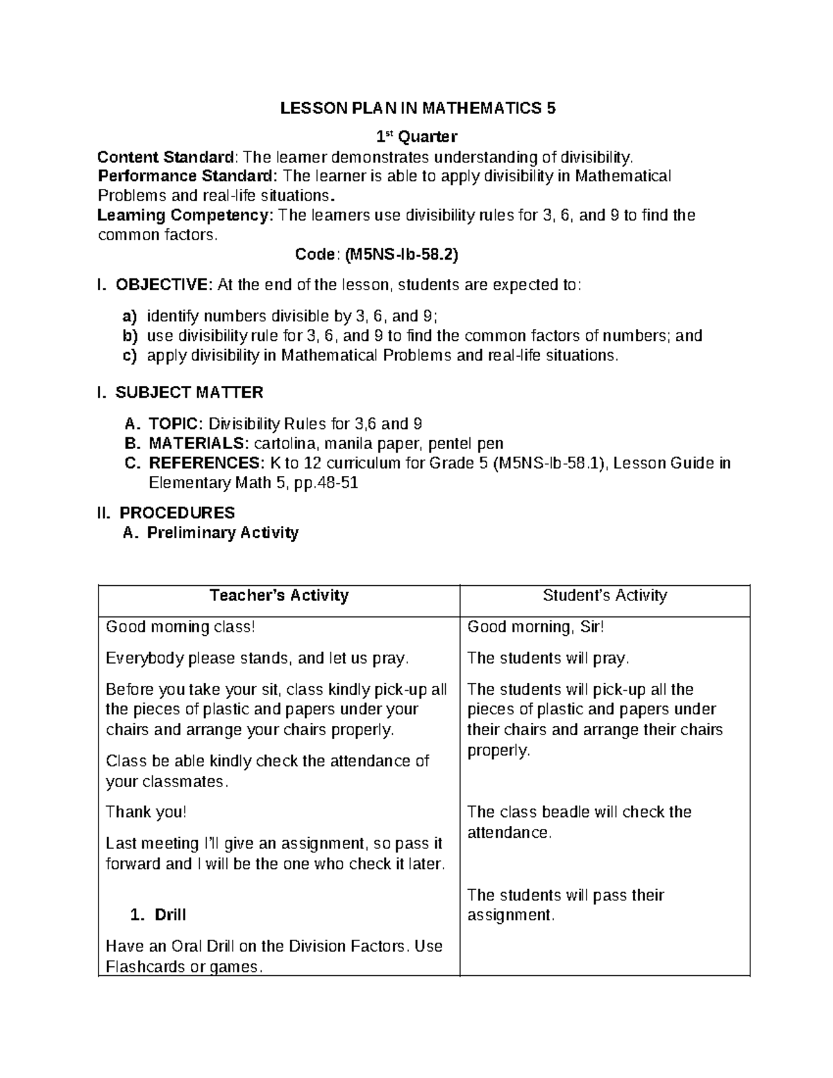 Lesson PLAN IN Mathematics 5 - LESSON PLAN IN MATHEMATICS 5 1 st ...