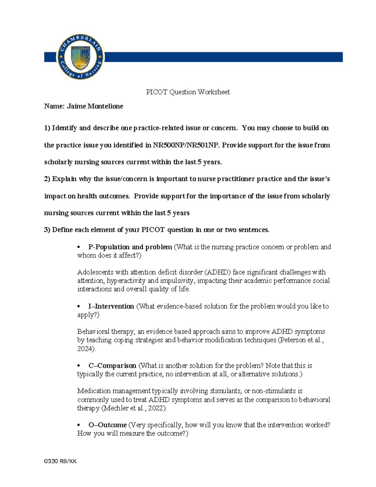 NR505NP Week 2 PICOT Question Worksheet on ADHD Behavioral Therapy ...