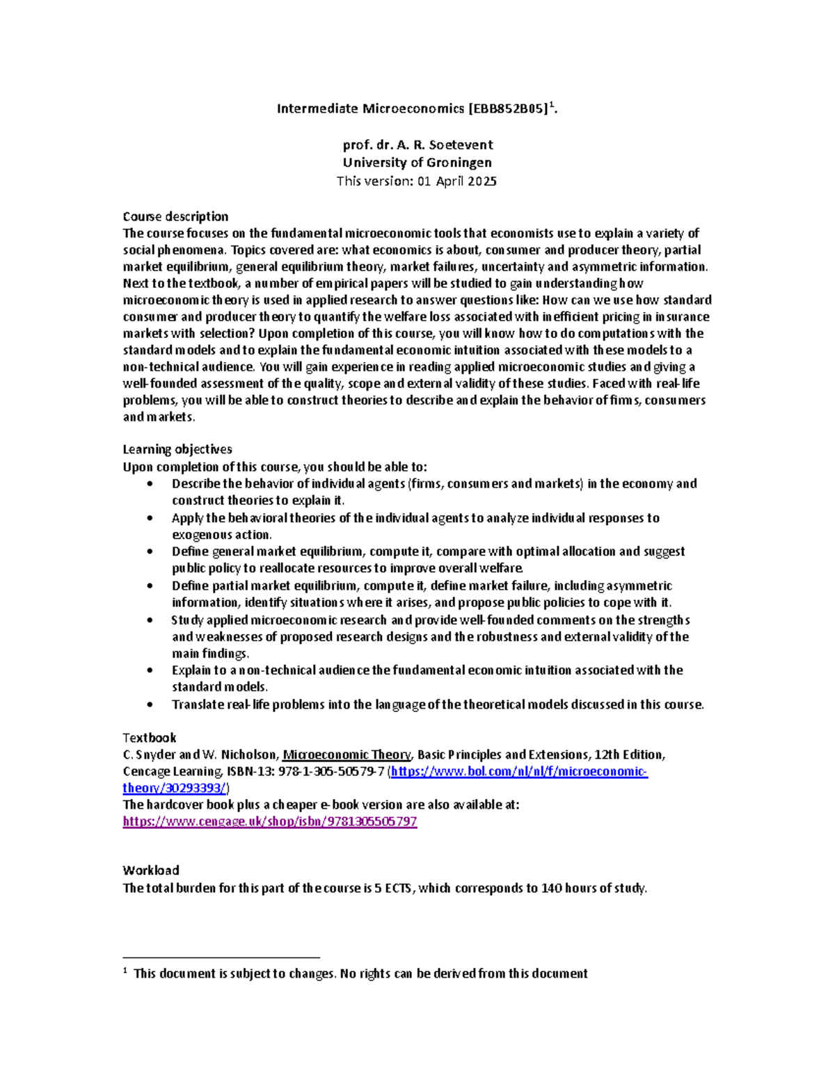 Intermediate Microeconomics 1 Course Outline 2024-25 - Studeersnel