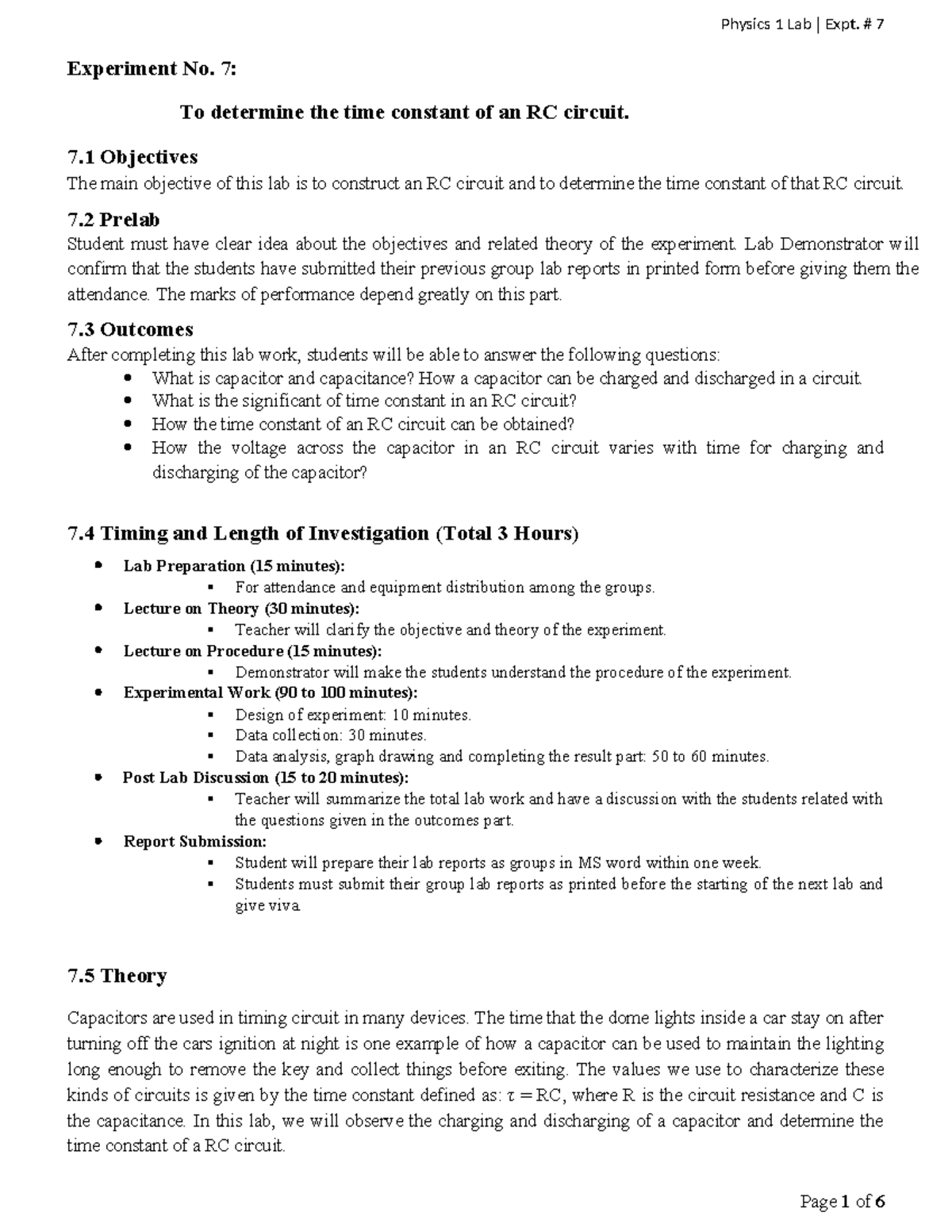 Phy1Lab Exp. 7 - Determining Time Constant of RC Circuit - Studocu
