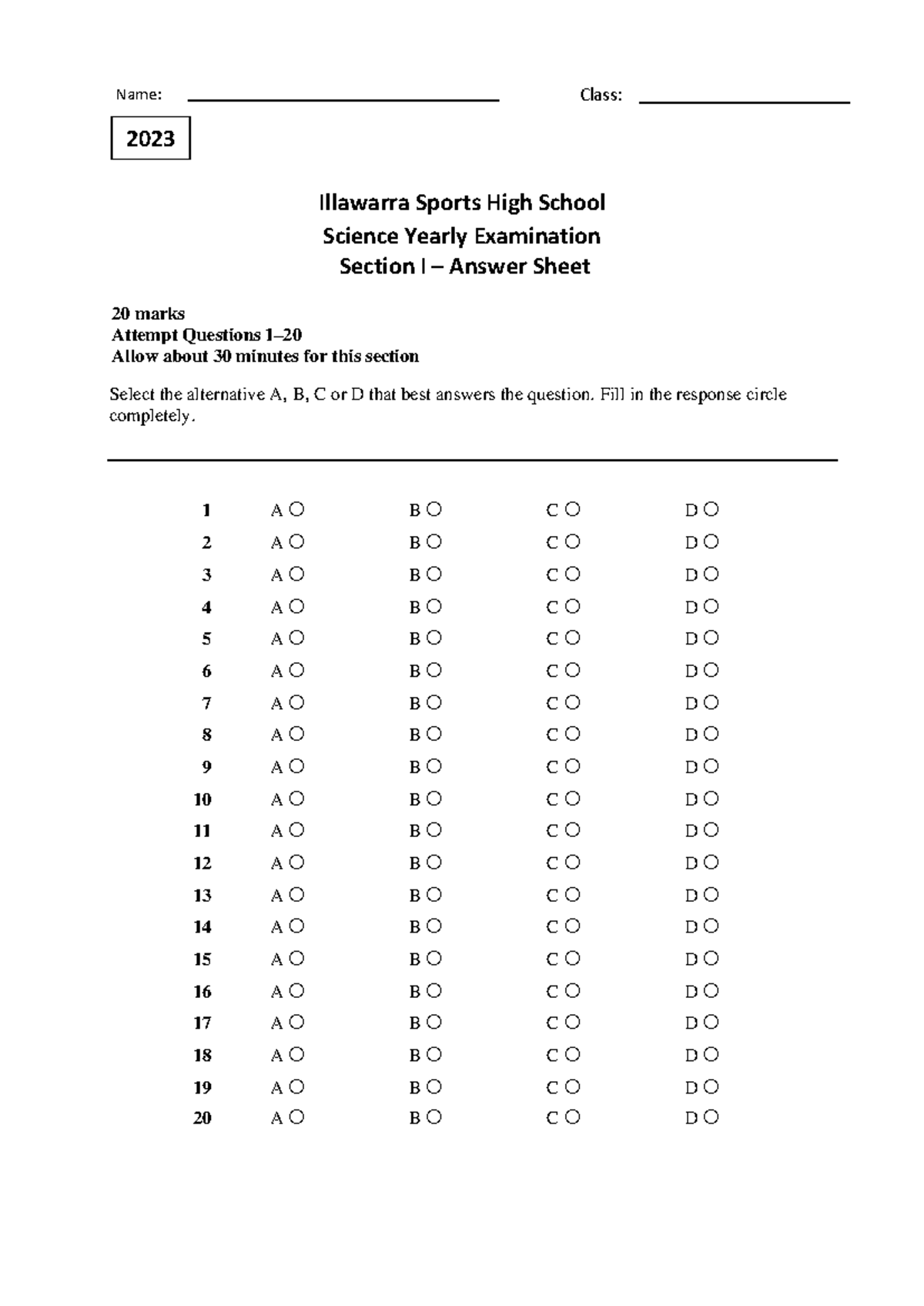 2023 MC Answer Sheet final - Class: Illawarra Sports High School ...