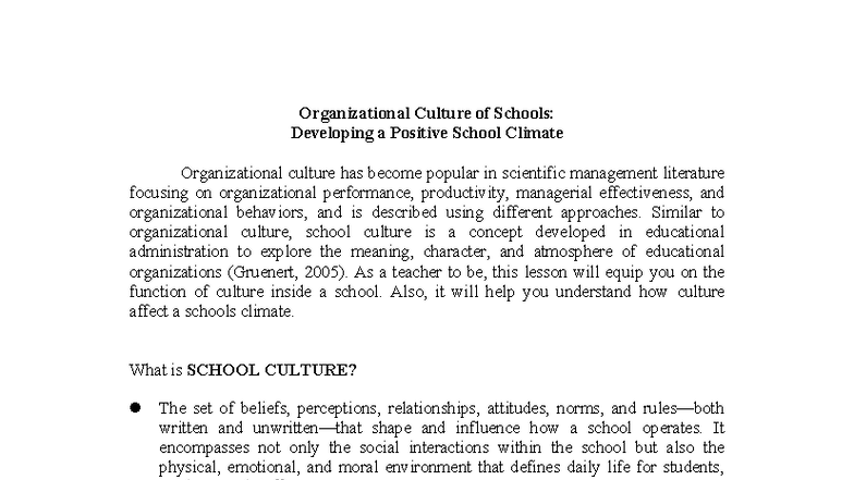 Organizational Culture in Education: Building a Positive School Climate ...