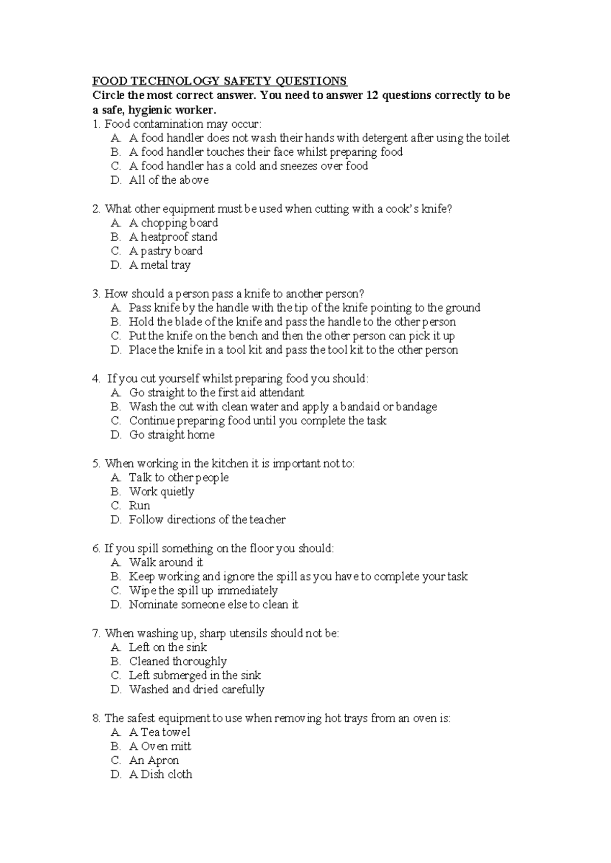FOOD TECH 101: Safety Questions for Hygienic Workers - Studocu