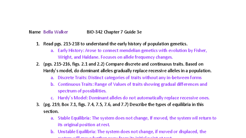 CH 7 Study Guide: Early History of Population Genetics and Selection ...
