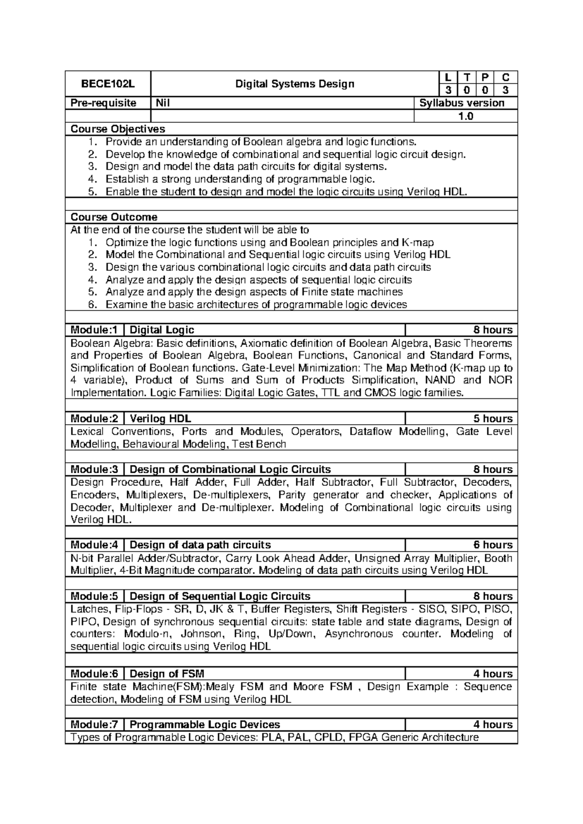 BECE102L Digital Systems Design Syllabus Overview and Objectives - Studocu