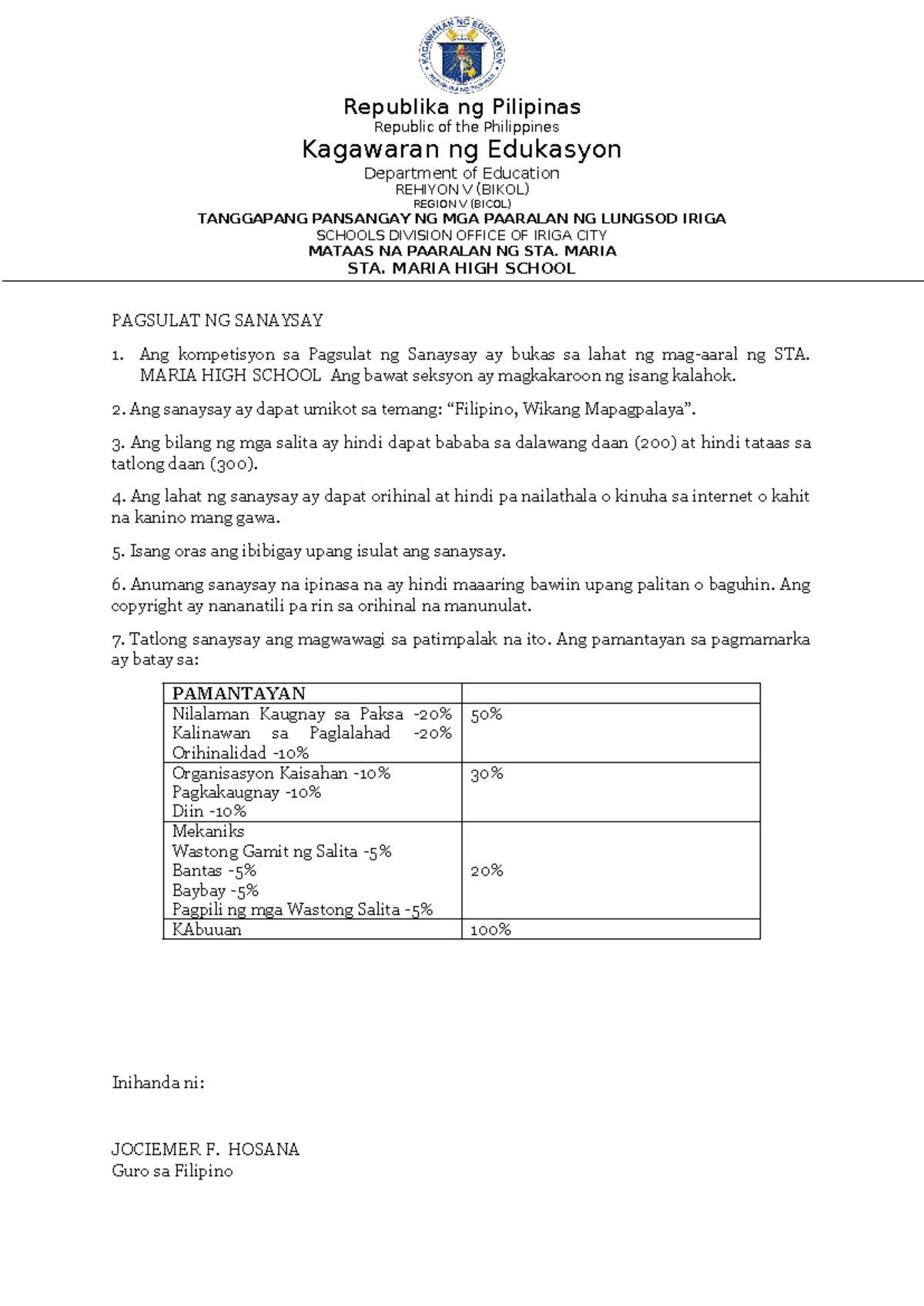 Pagsulat ng Sanaysay - Pamantayan para sa Kalyan at Kalahok - Studocu