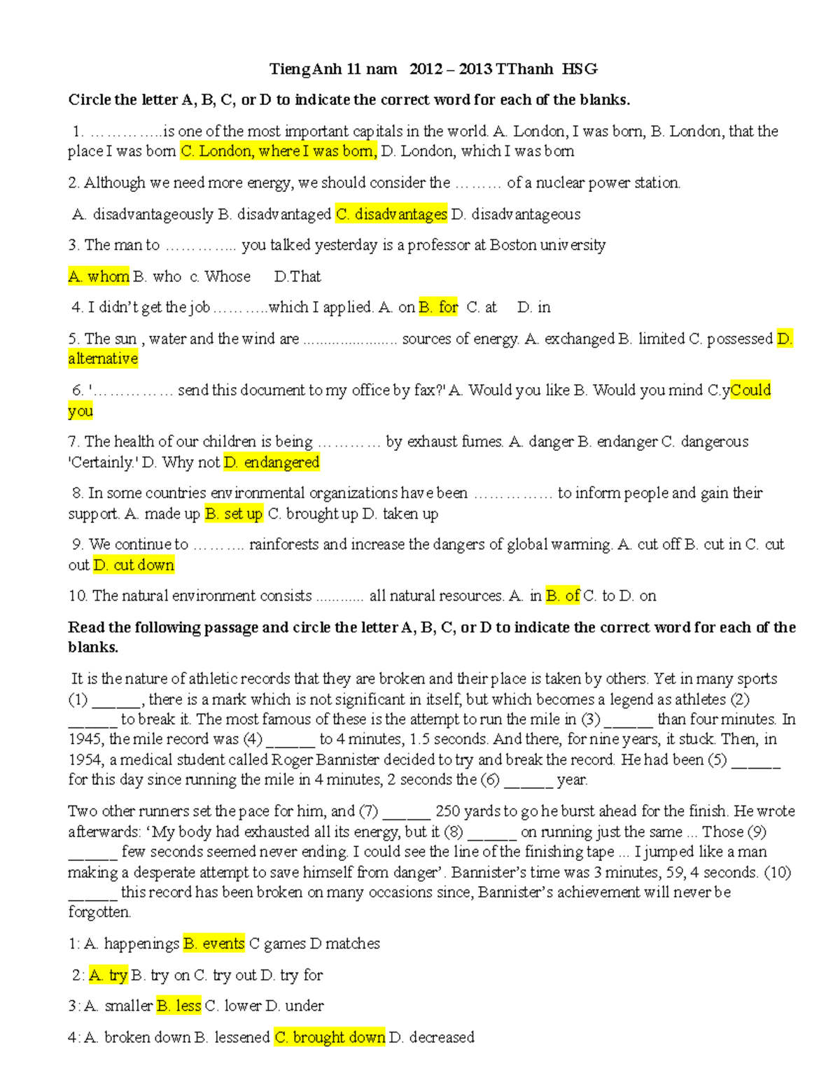 Anh 11 2012-2013: HSG Exam Practice Questions and Answers - Studocu