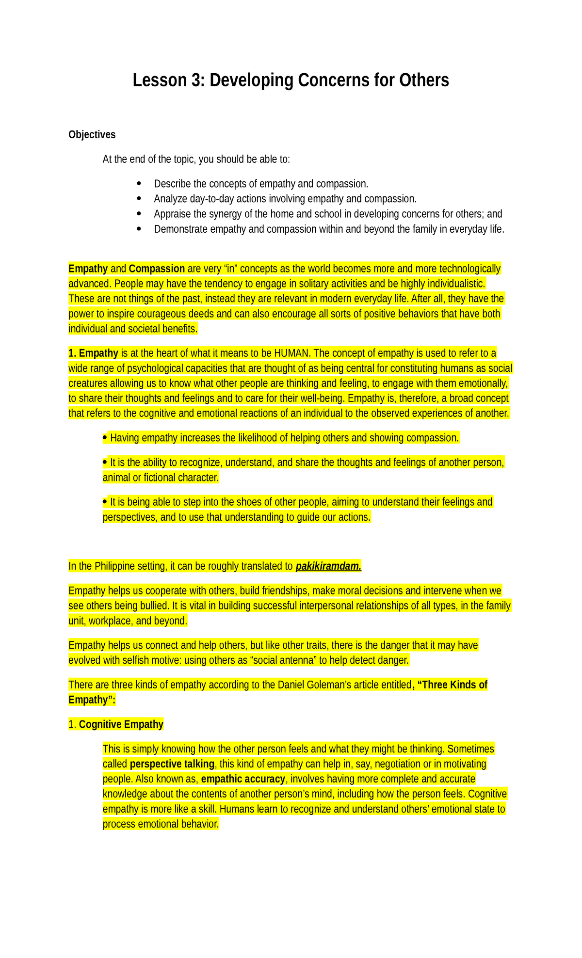 EDUC 227 lesson - Lesson 3: Developing Concerns for Others Objectives ...