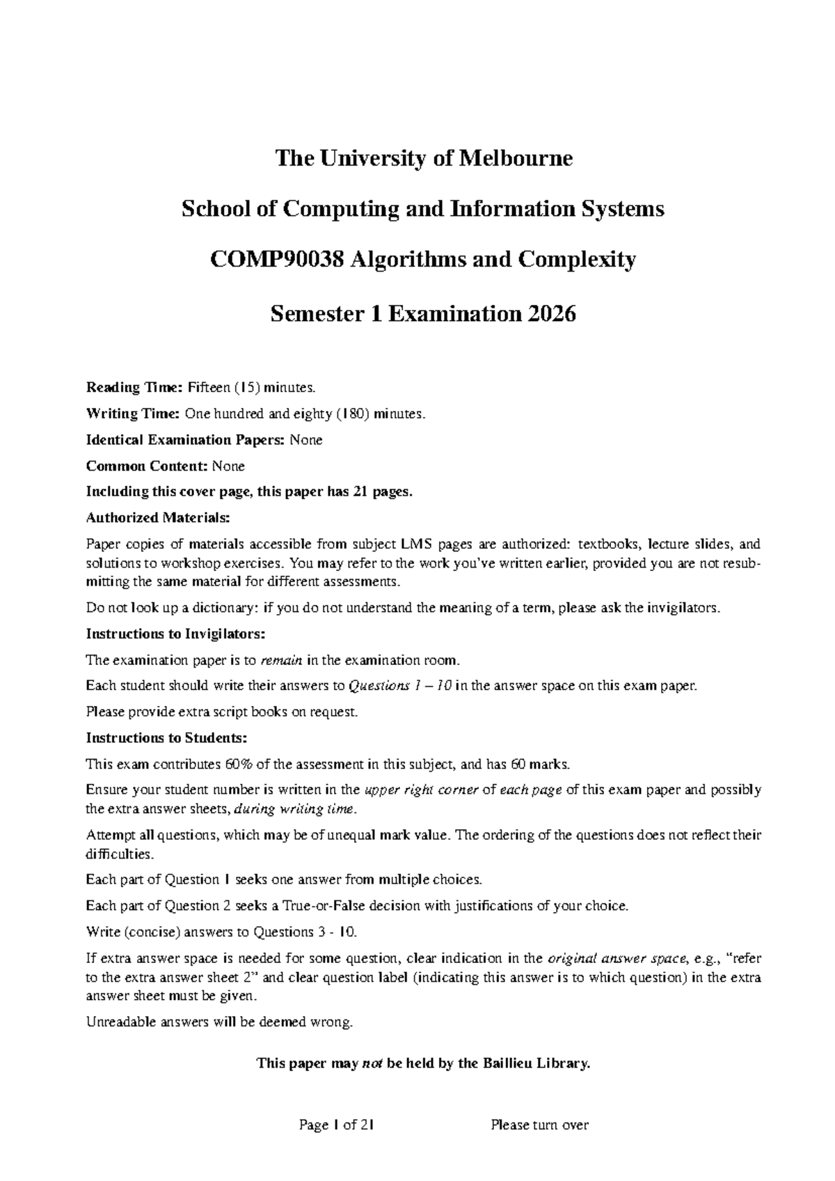 COMP90038 Algorithms and Complexity Semester 1 Exam 2026 Solutions ...