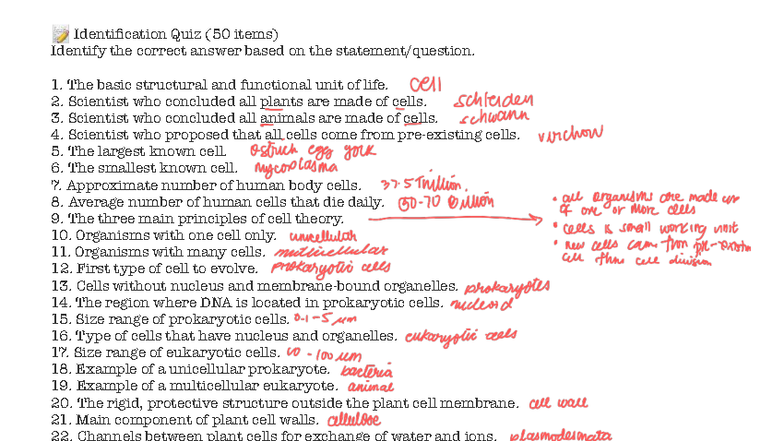 Identification Quiz (50 Items) on Plant Cell Structure & Function - Studocu