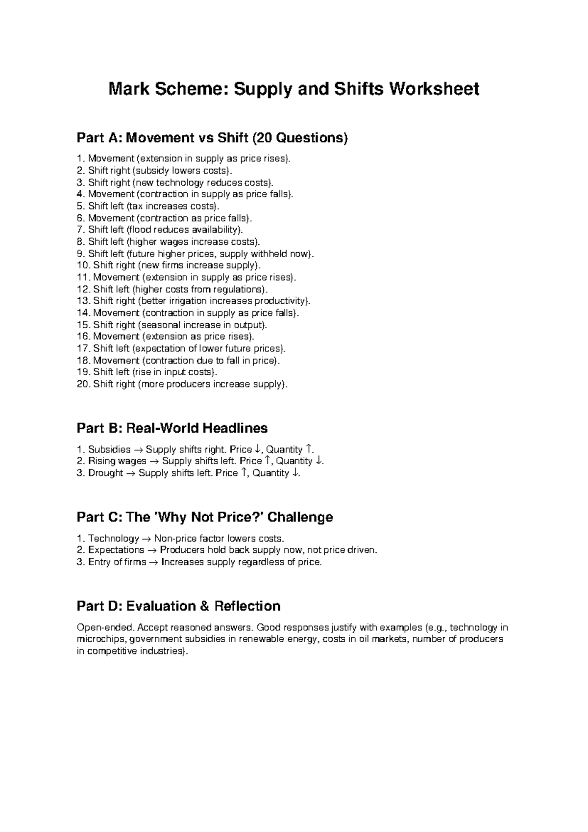 Supply Worksheet 20Q Mark Scheme: Movements & Shifts Explained - Studocu