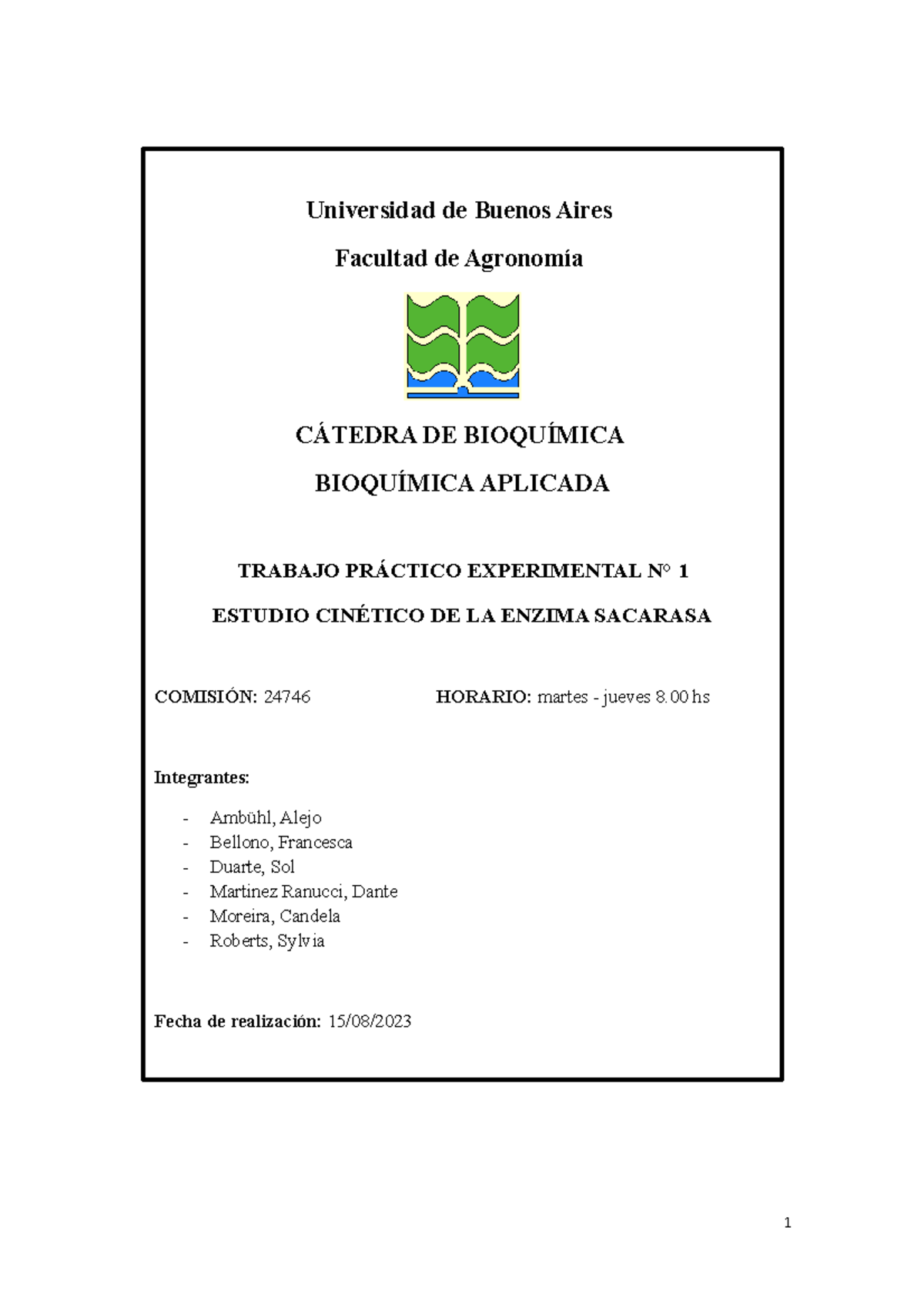 TP 1 Enzimas: Estudio Cinético de la Sacarasa en Bioquímica Aplicada ...