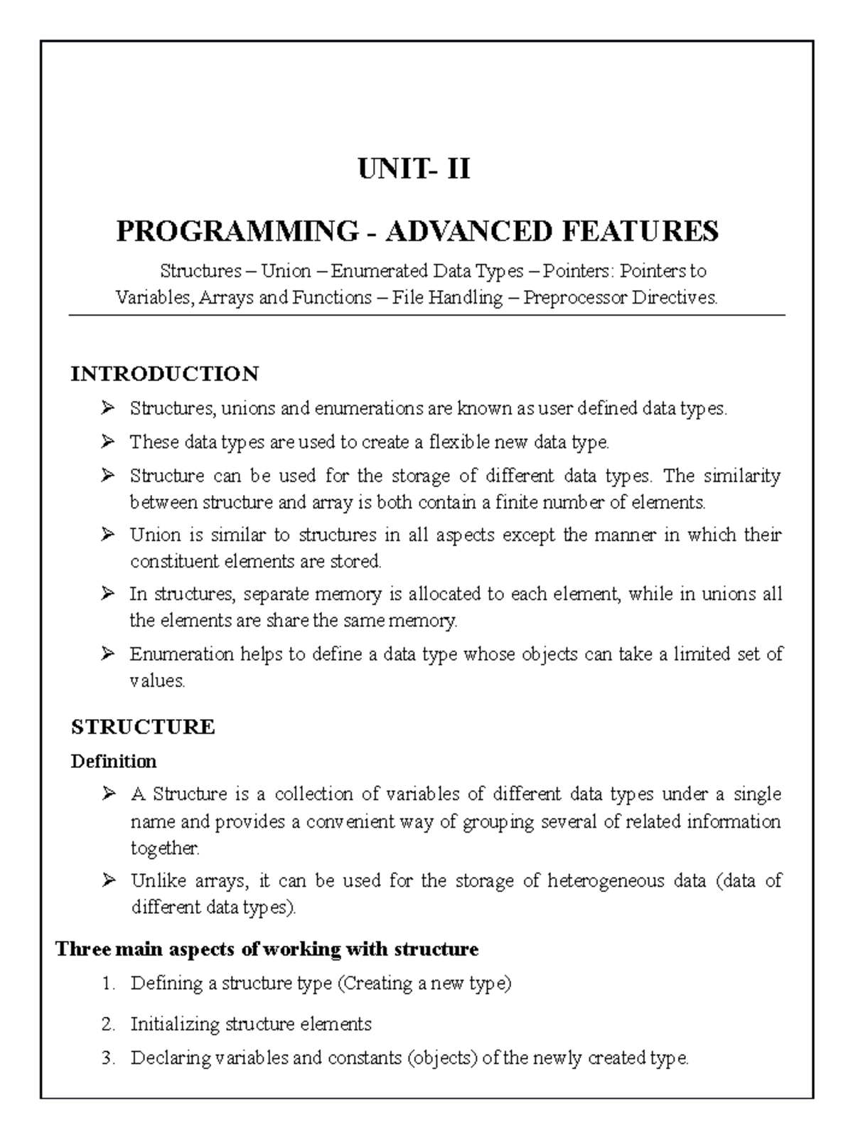 UNIT 2 notes - UNIT- II PROGRAMMING - ADVANCED FEATURES Structures ...