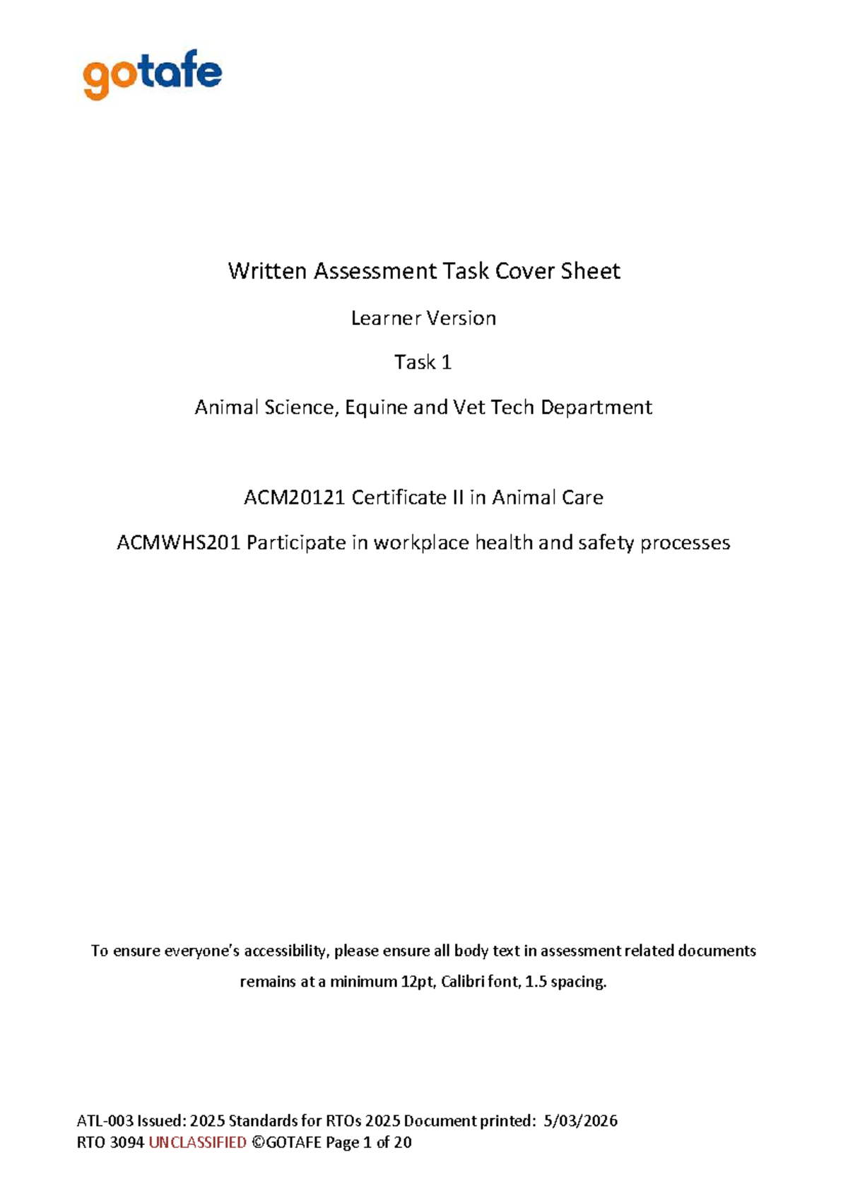 ACM20121 Written Assessment Task 1: Workplace Health & Safety in Animal ...
