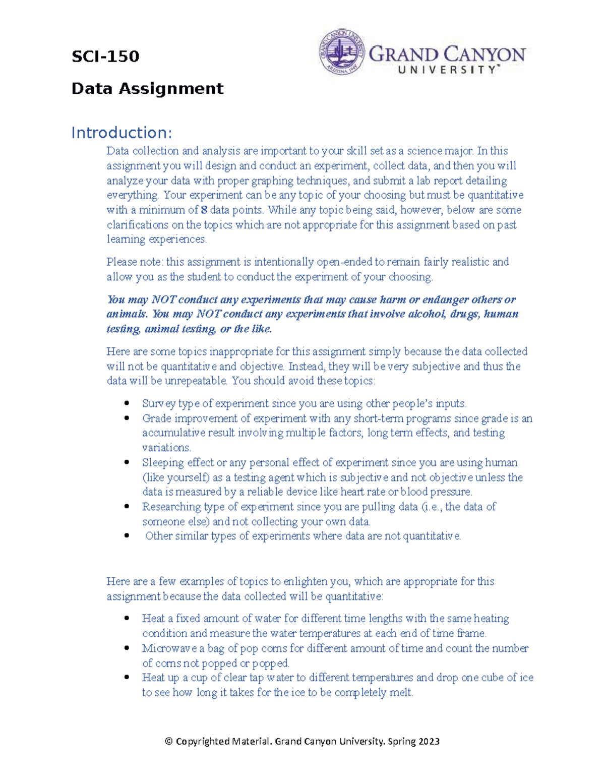 SCI 150 Data Assignment Guidelines - Spring 2023 - Studocu