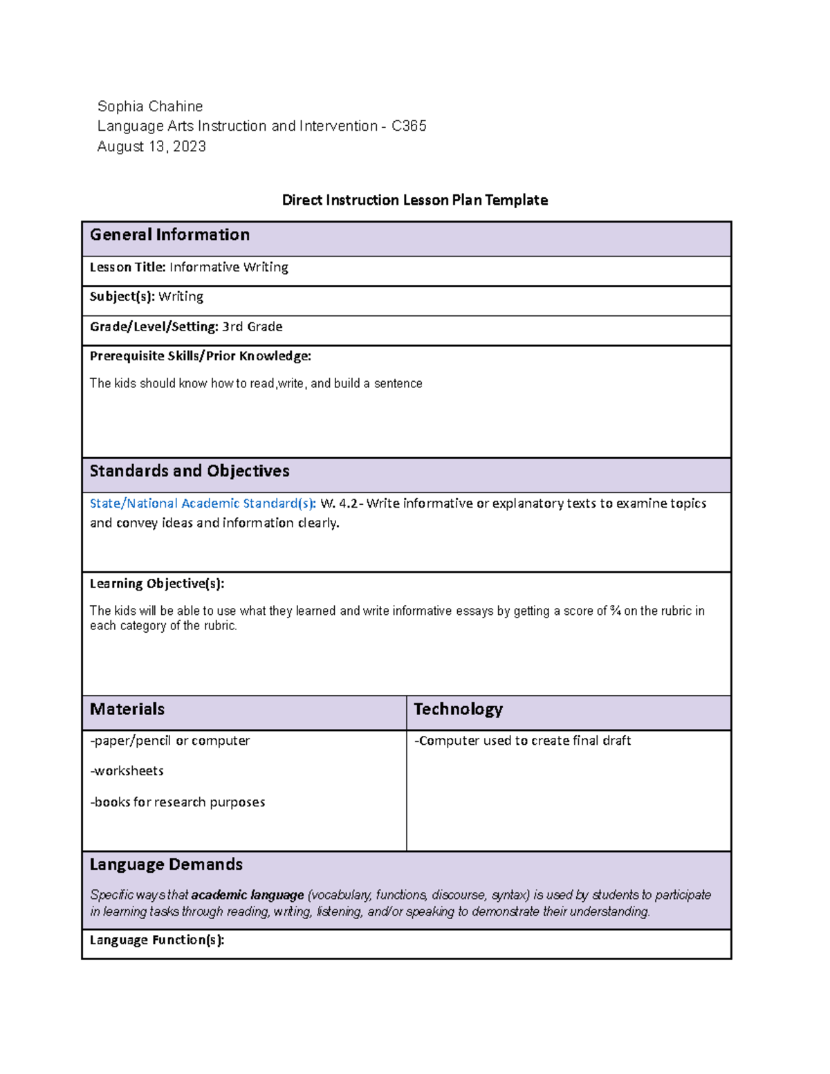 C365 - Informative Writing Lesson Plan for 3rd Grade Students - Studocu