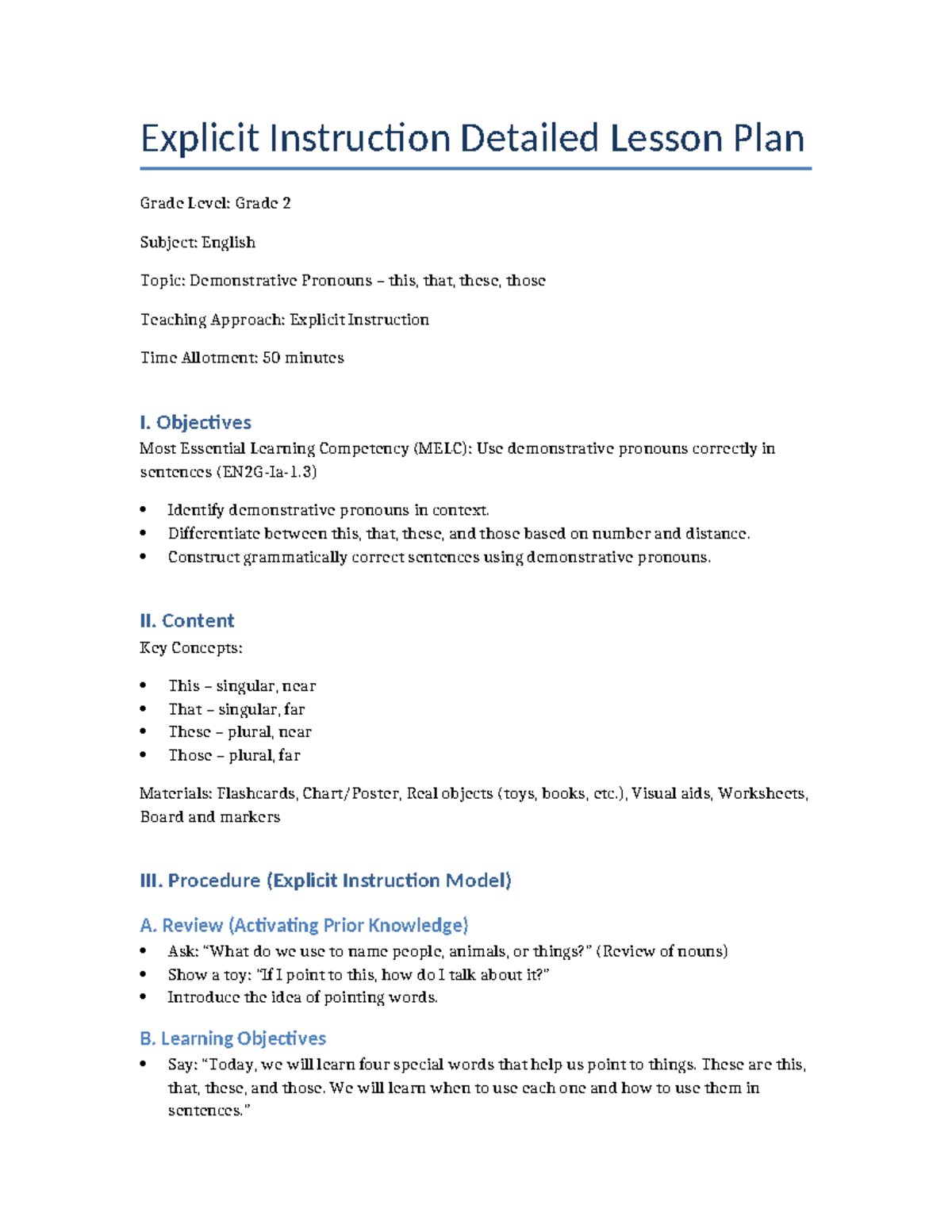 Grade 2 English Lesson Plan: Explicit Instruction on Demonstrative Pronouns - Studocu