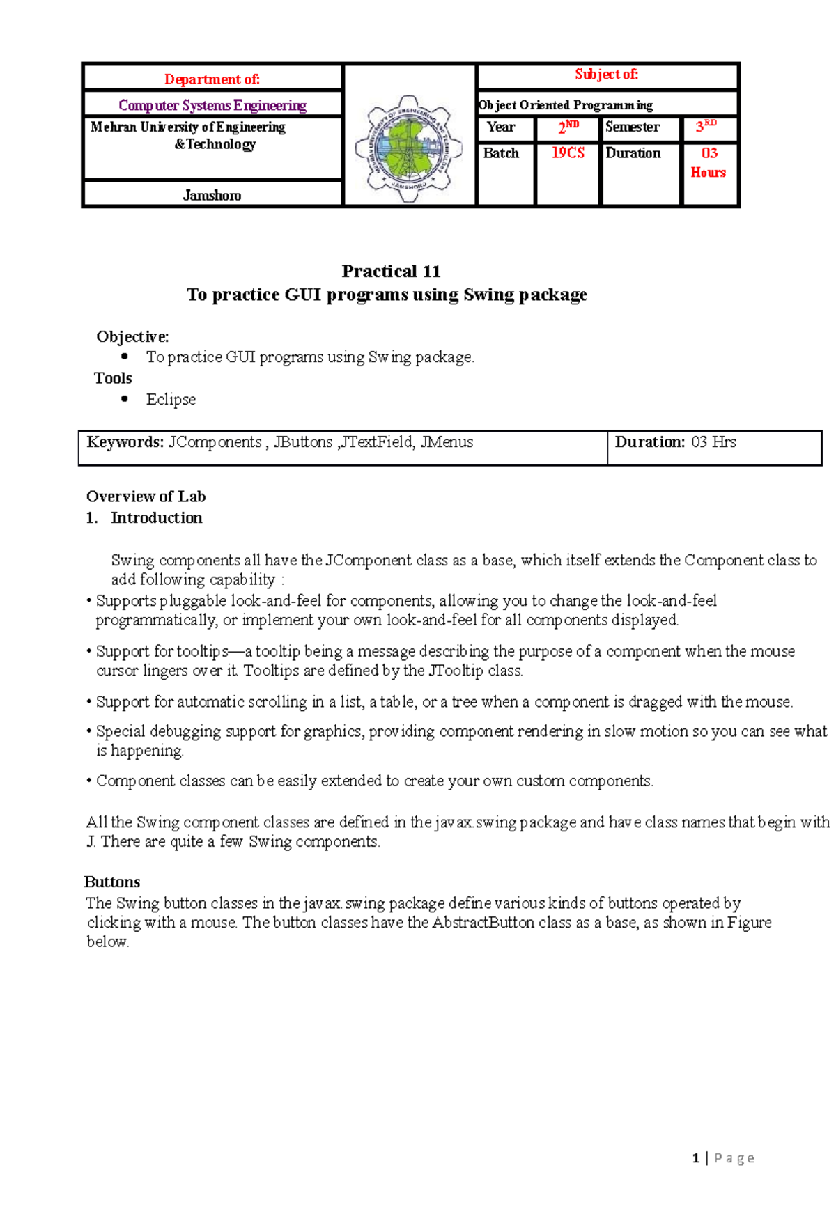 Lab 11 - Object Oriented Programming (OOP) GUI using Swing Techniques - Studocu